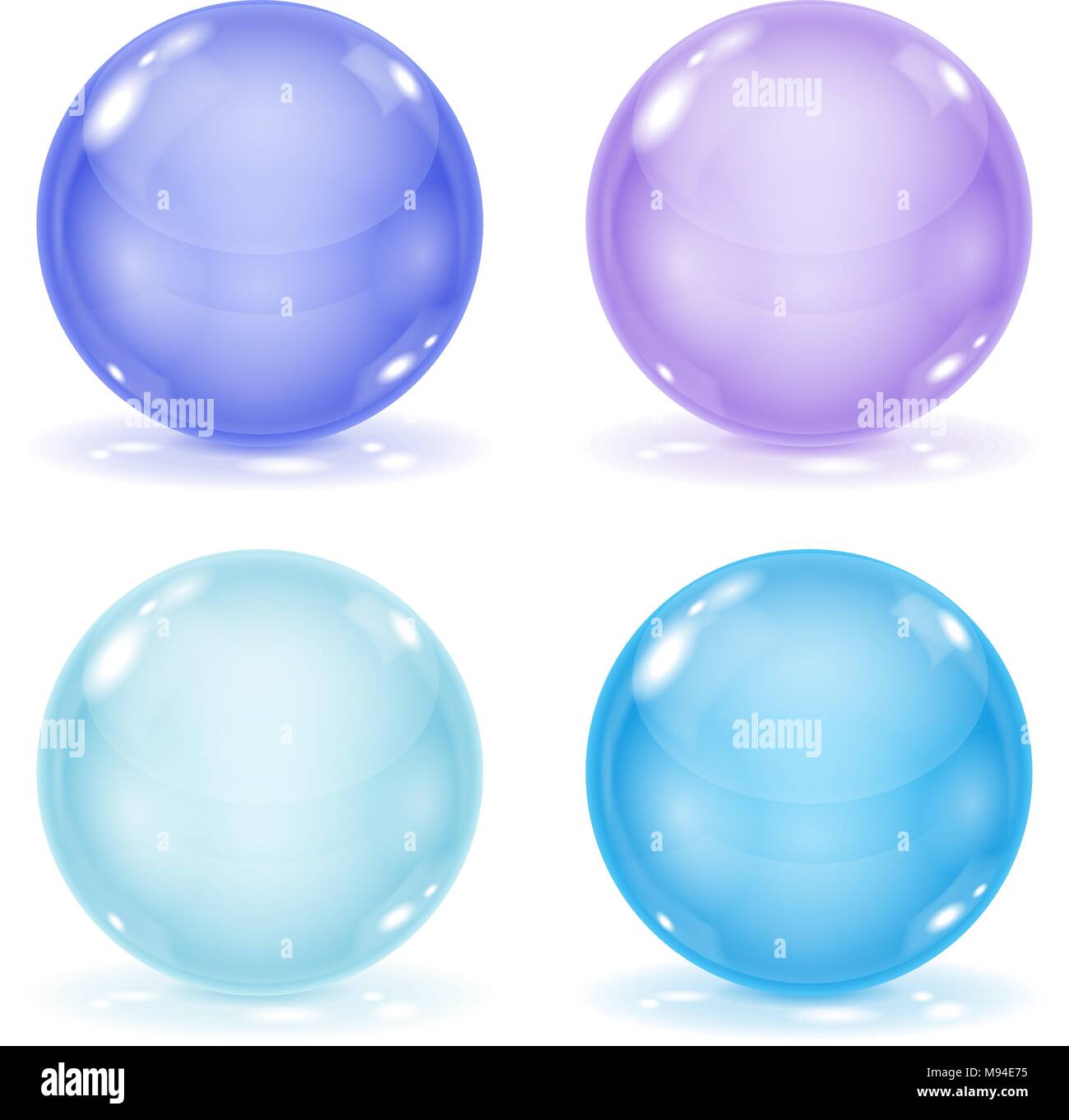Glass balls. Set of blue 3d shiny sheres isolated on white background ...