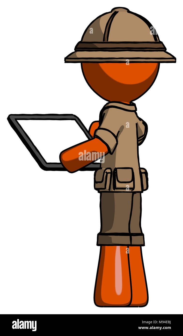 Orange explorer ranger man looking at tablet device computer with back ...