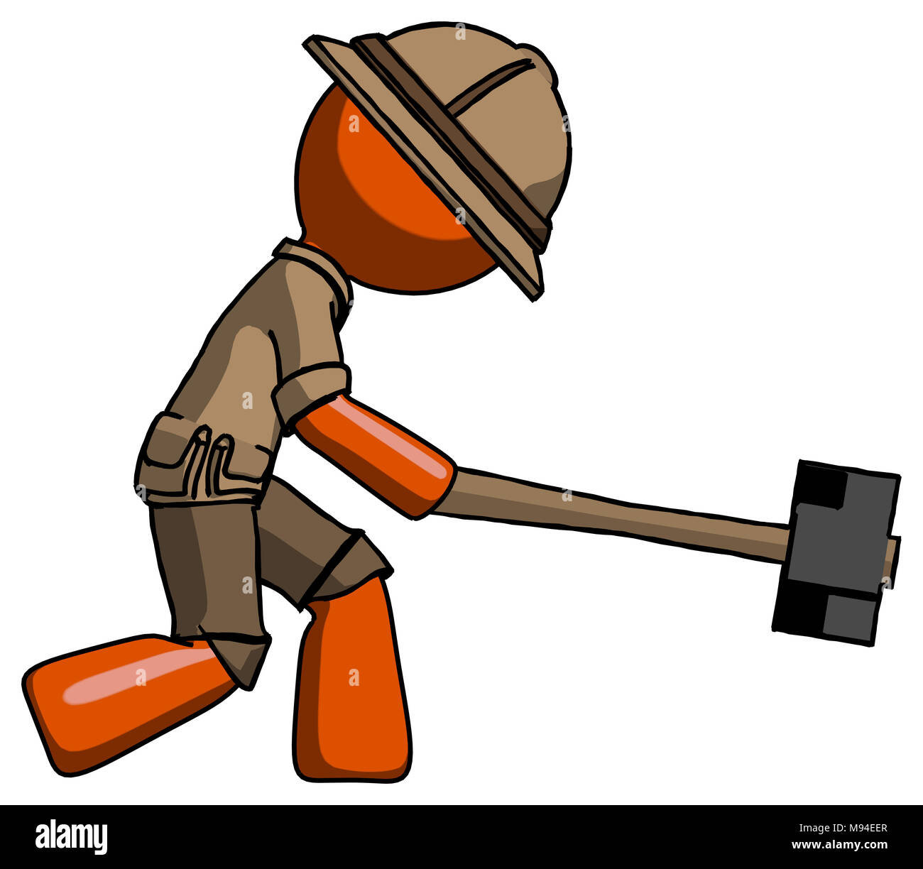 Orange explorer ranger man smashing with sledgehammer, or hitting ...