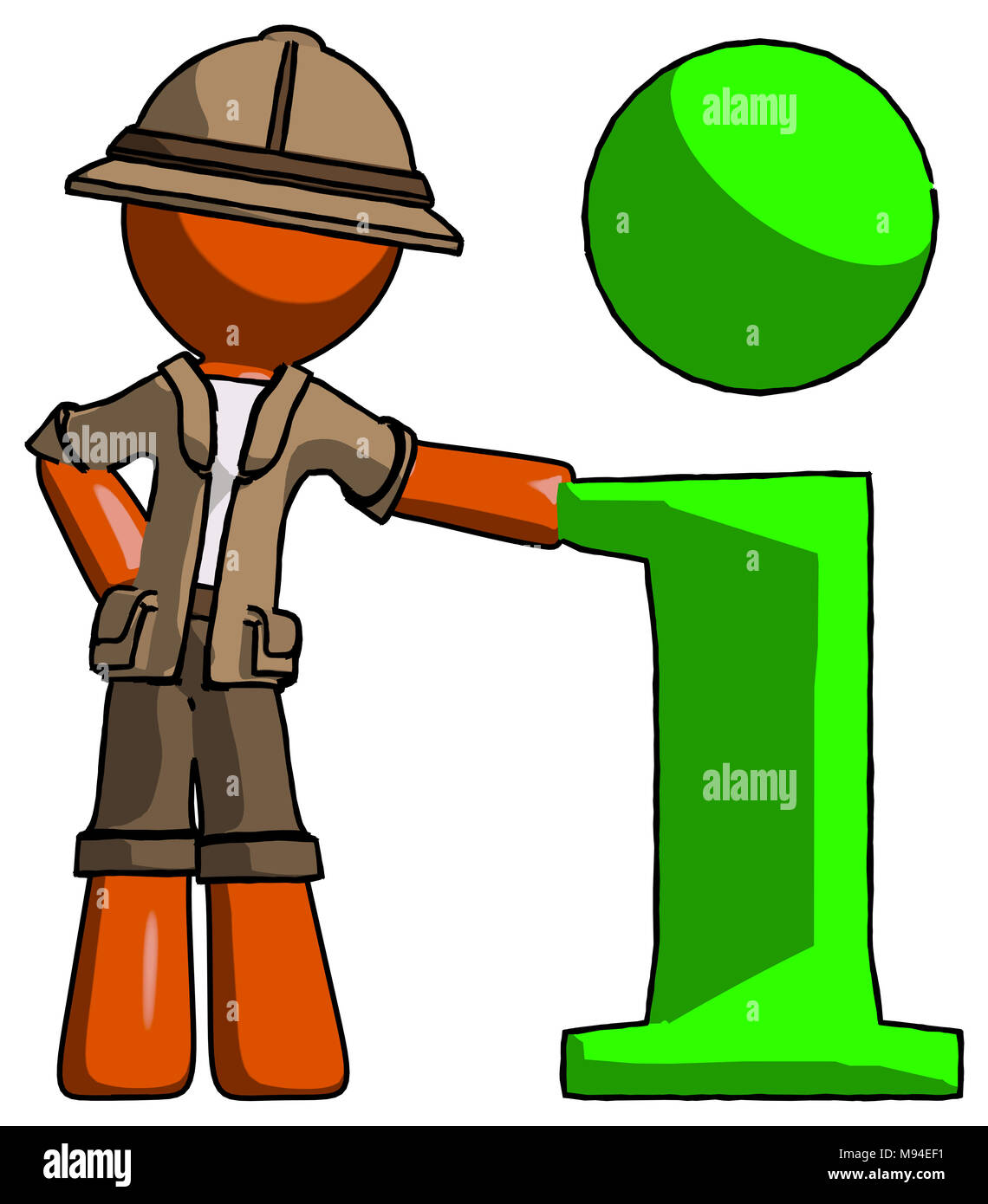 Orange explorer ranger man with info symbol leaning up against it Stock ...