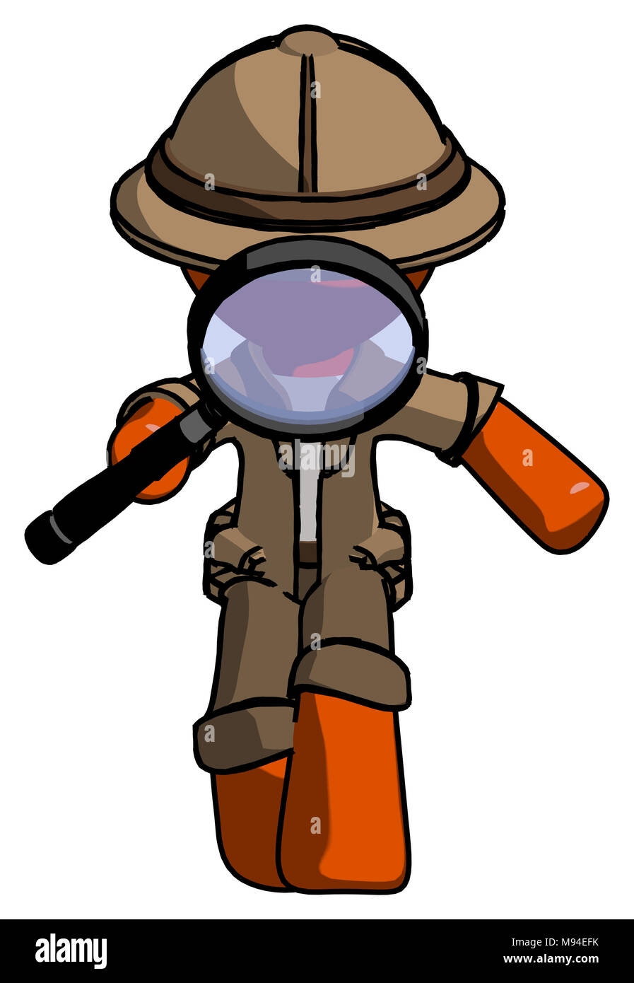 Orange explorer ranger man looking down through magnifying glass Stock ...