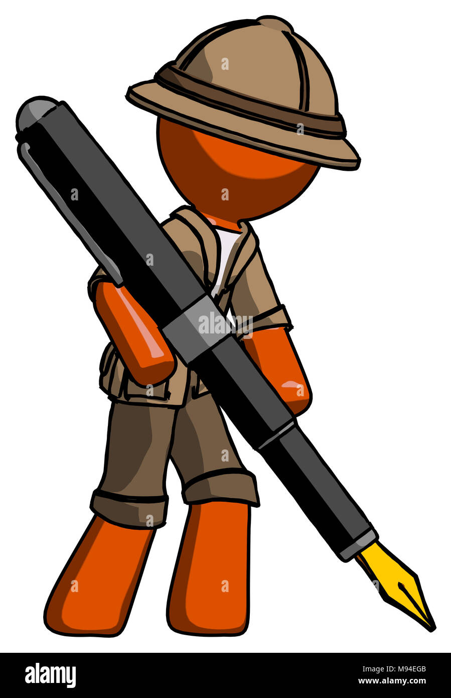 Orange explorer ranger man drawing or writing with large calligraphy ...