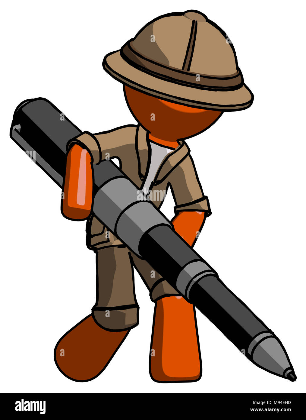 Orange explorer ranger man writing with a huge pen Stock Photo - Alamy