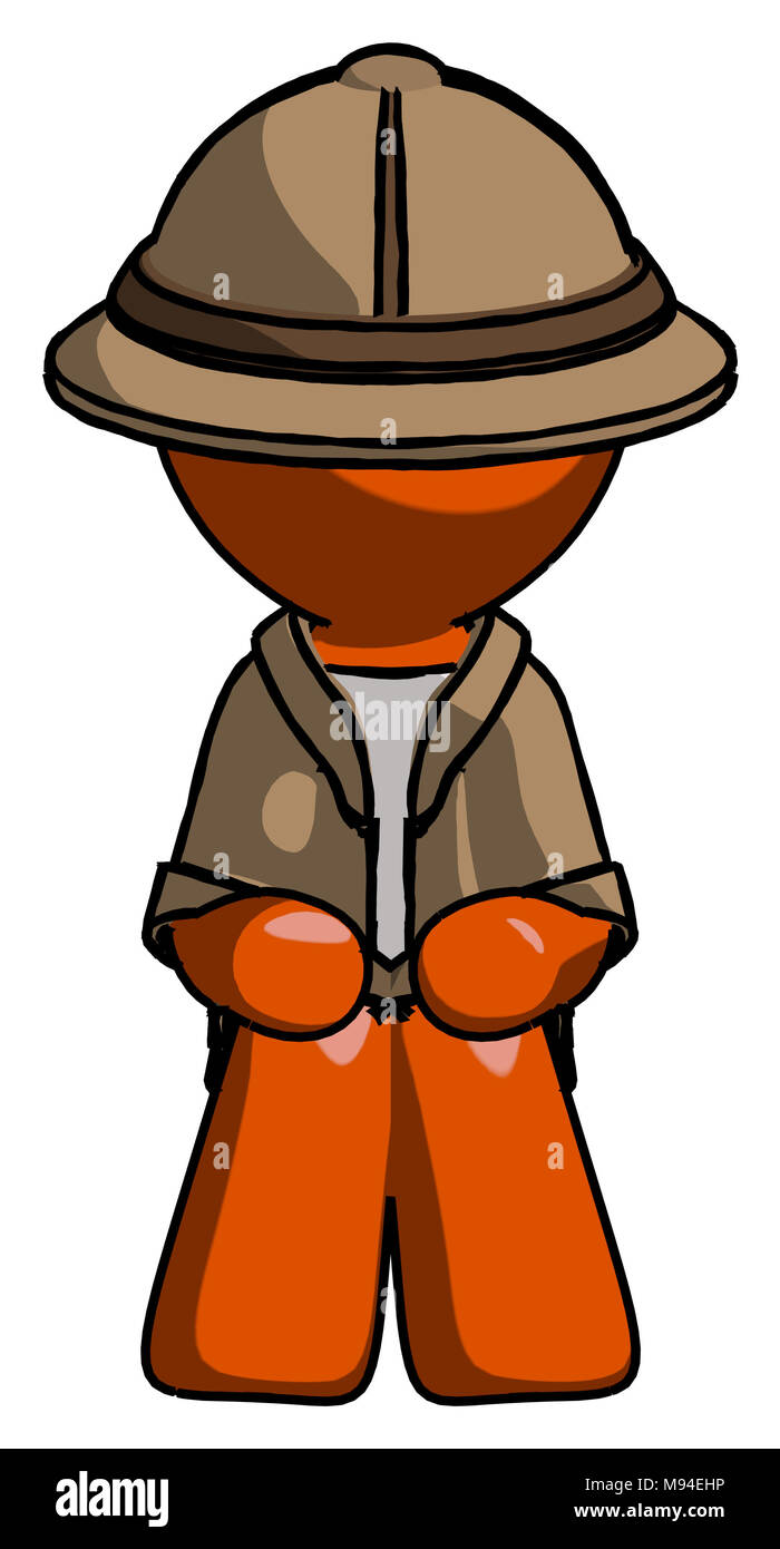 Orange explorer ranger man squatting facing front Stock Photo - Alamy