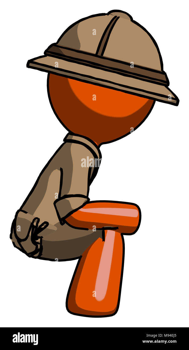 Orange explorer ranger man squatting facing right Stock Photo - Alamy