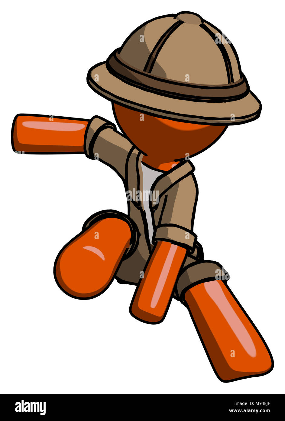 Orange explorer ranger man action hero jump pose Stock Photo - Alamy