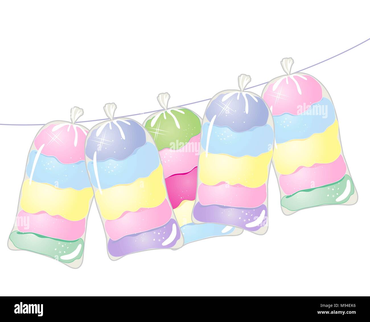an illustration of a line with bags of colorful cotton candy on a white ...
