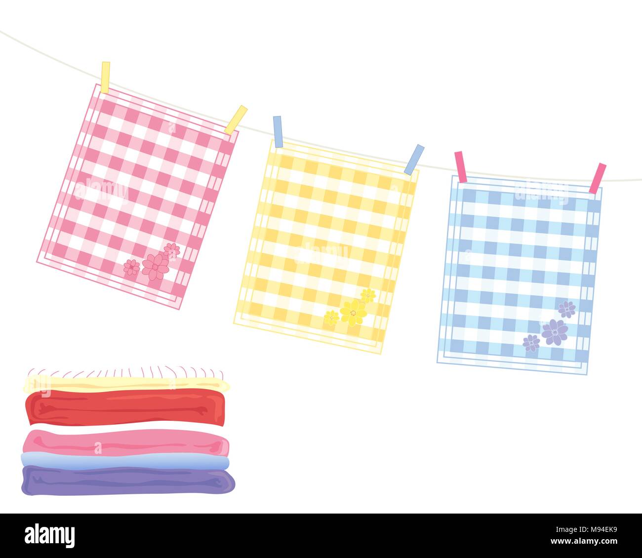 an illustration of a washing line with colorful tea towels and a stack ...