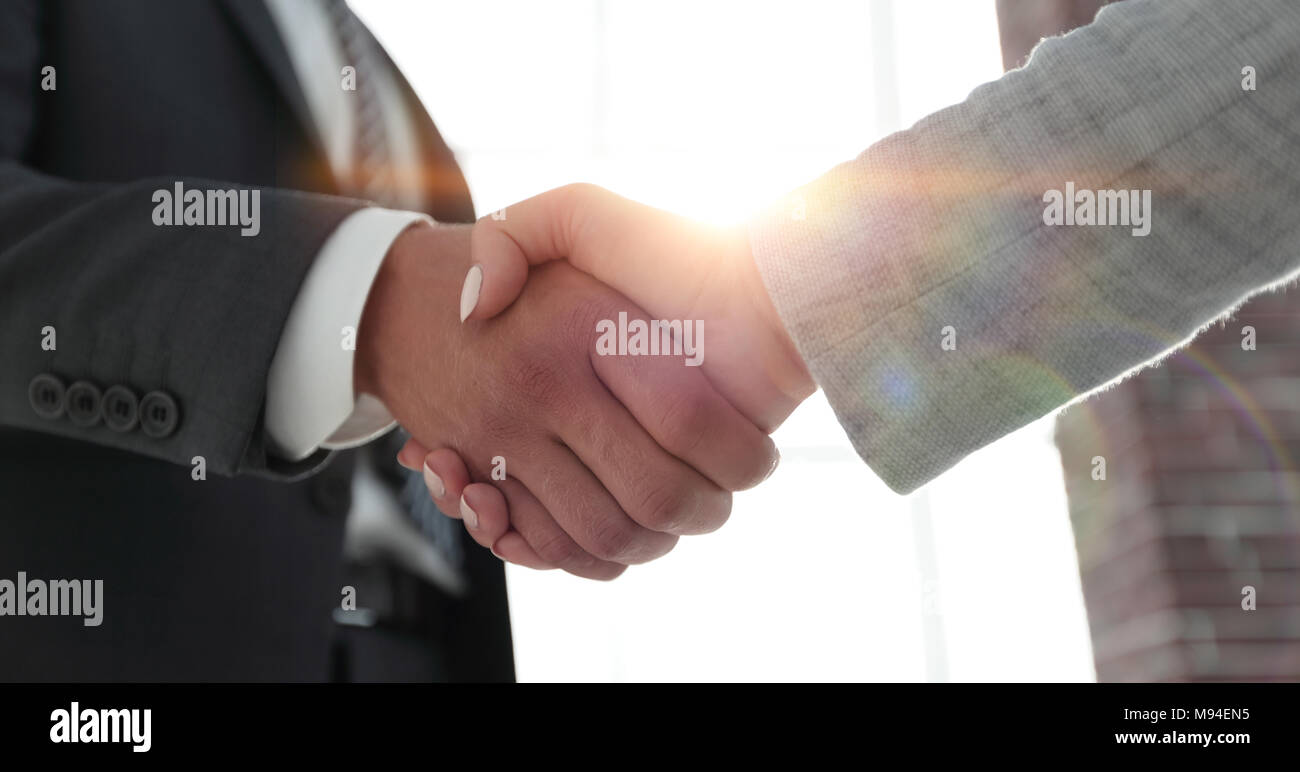 Excited smiling businessman handshaking partner at meeting Stock Photo ...