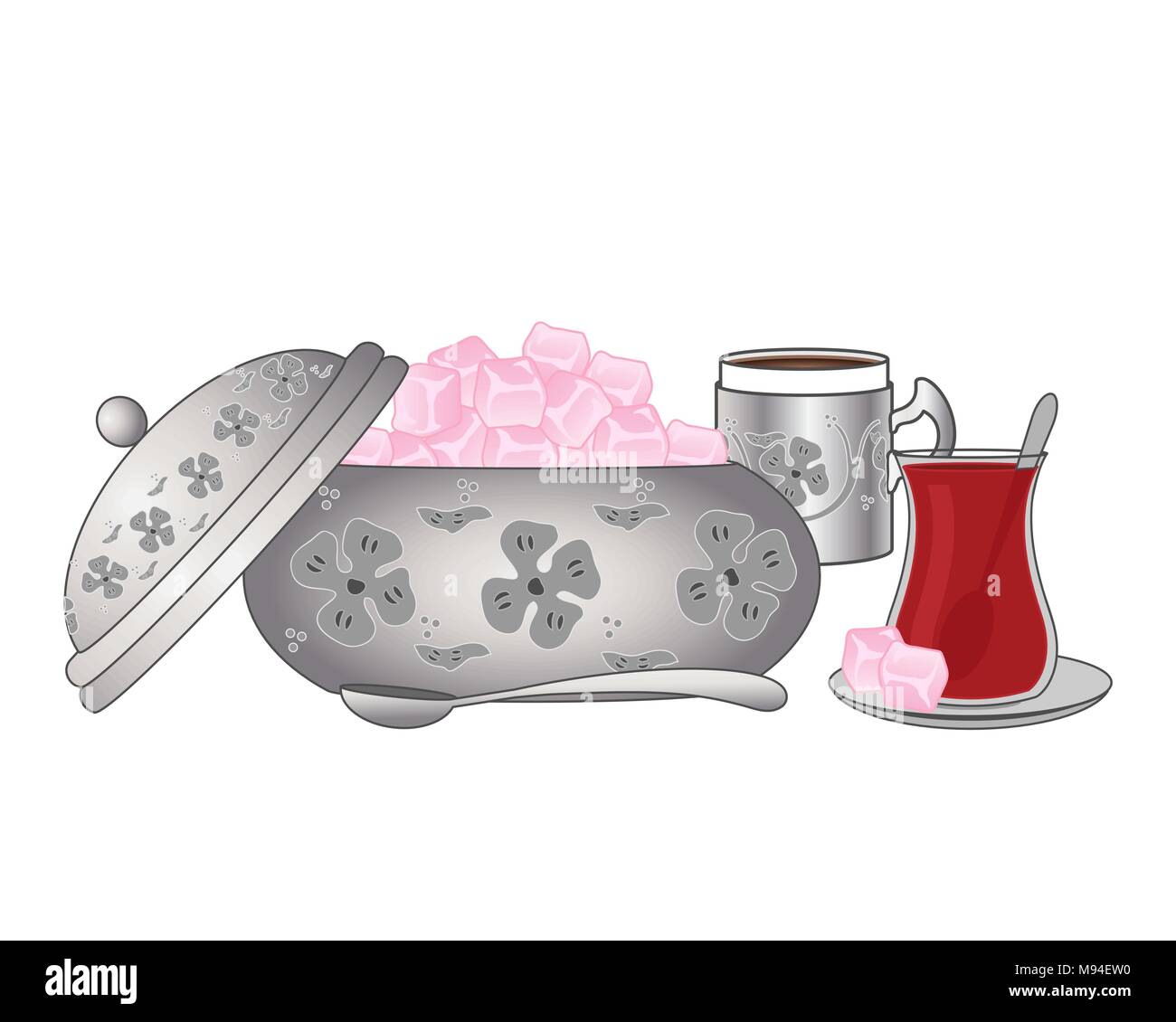an illustration of a decorative silver bowl of pink turkish delight ...