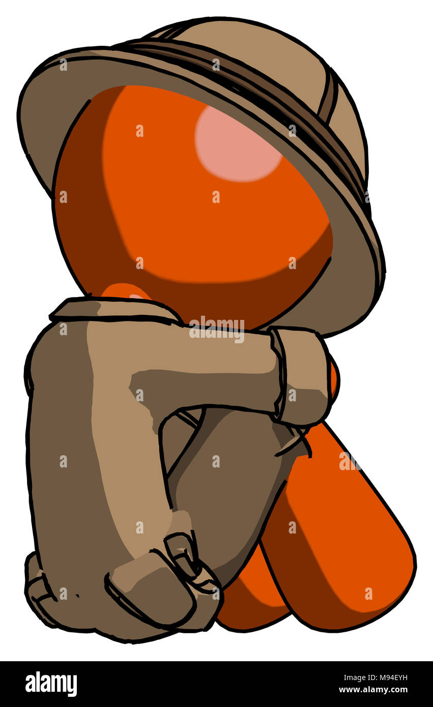 Orange explorer ranger man sitting with head down back view facing ...