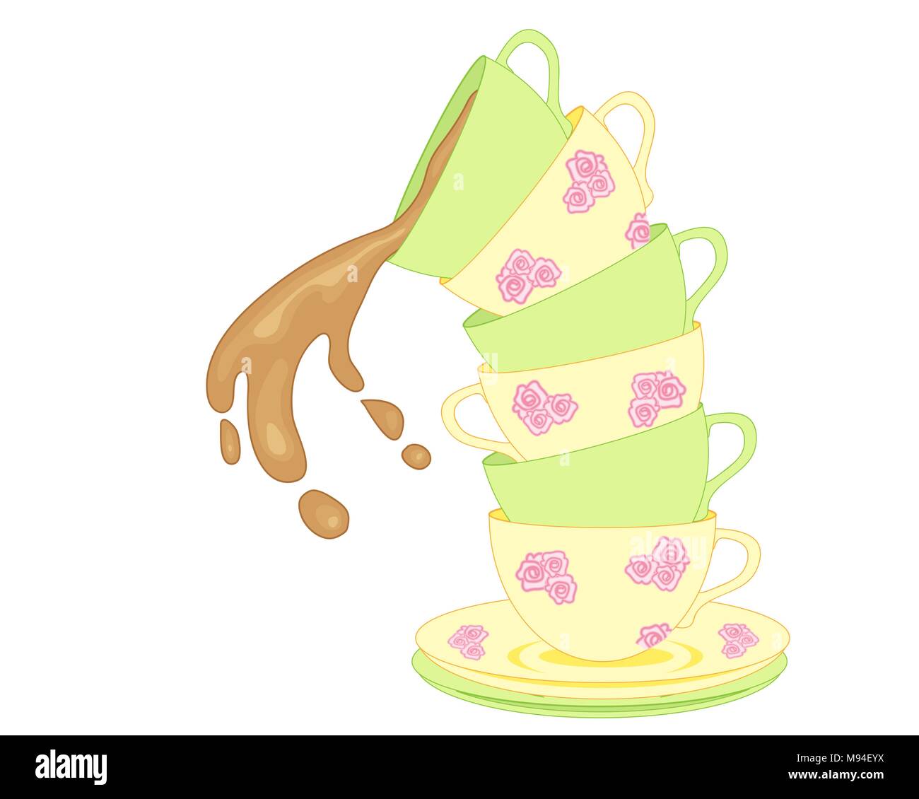 an illustration of a stack of fancy tea cups tumbling over with tea ...
