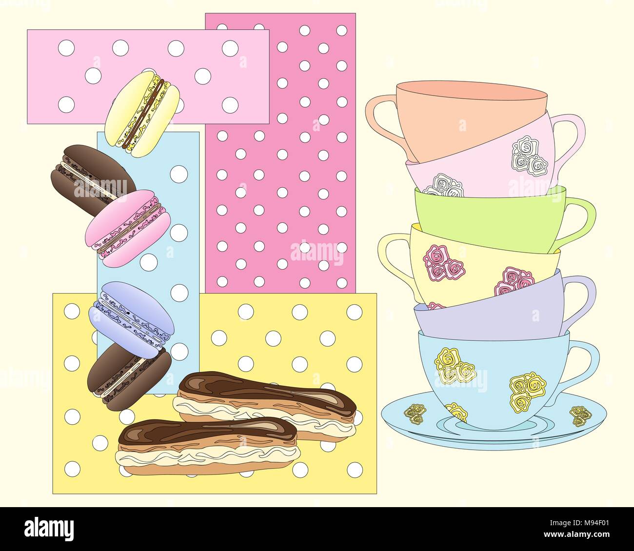 an illustration of a stack of colorful tea cups with macaroons and ...