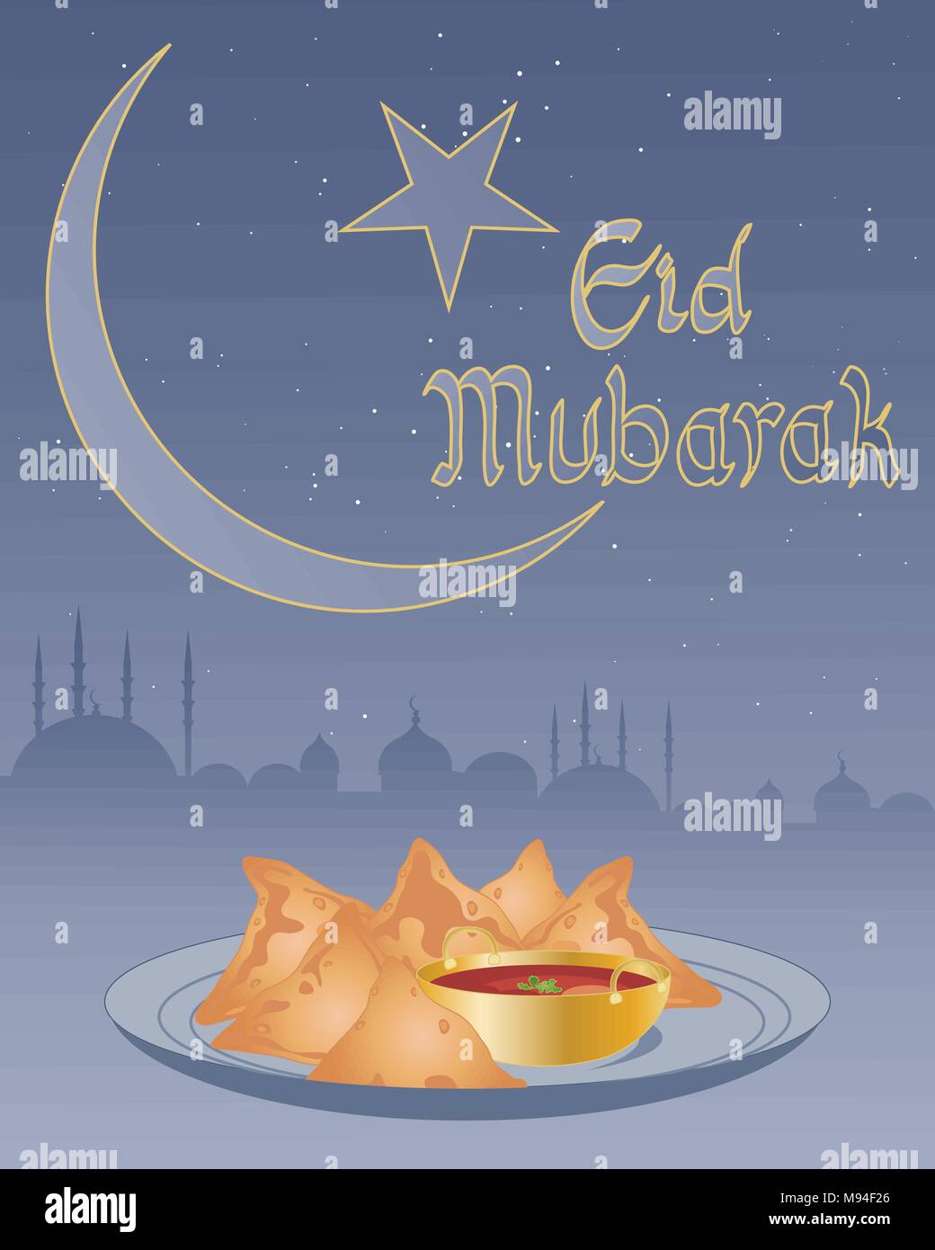 an illustration of an eid greeting card with a plate of samosas islamic ...