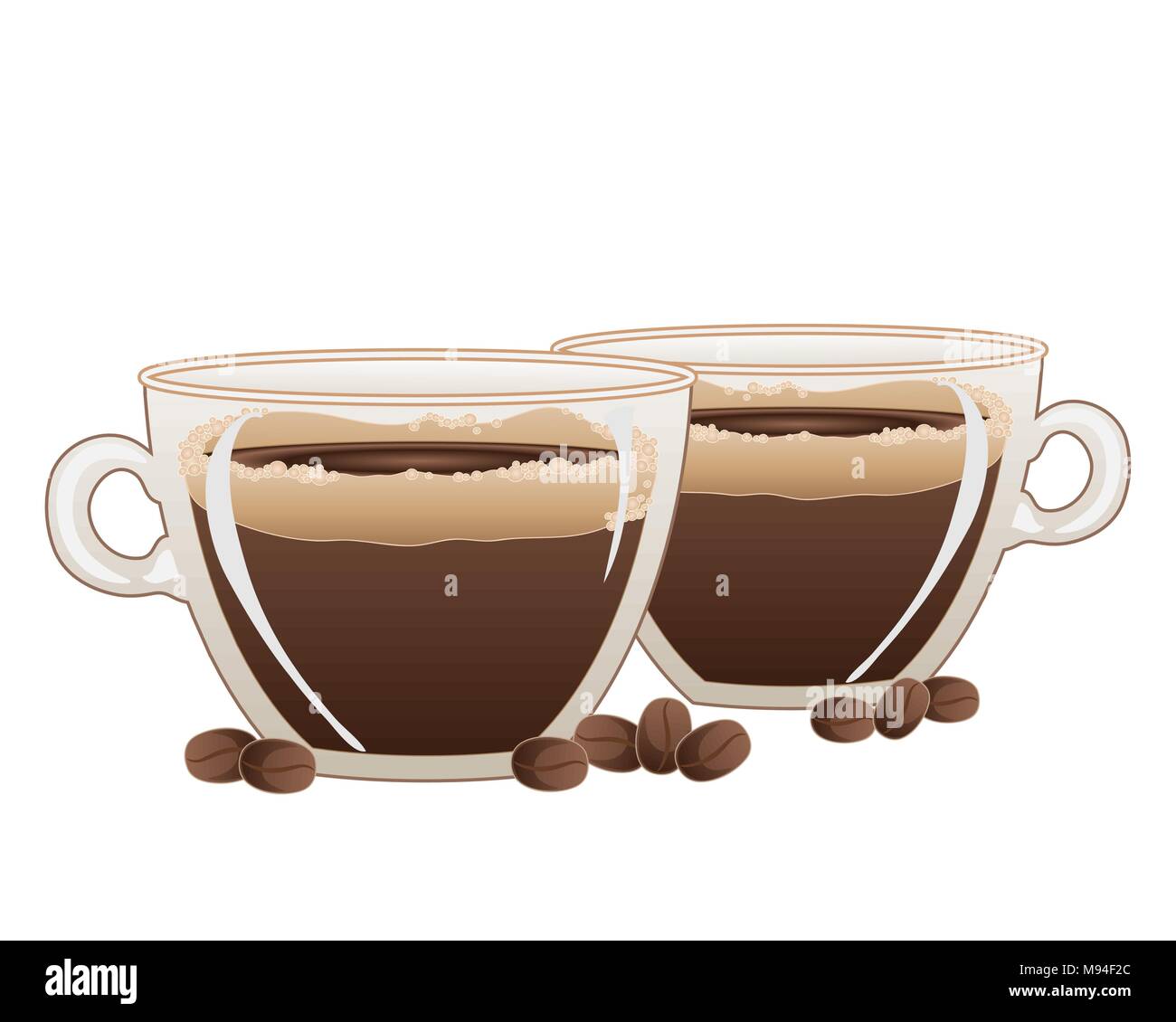 an illustration of two cups of strong frothy espresso coffee and bean ...