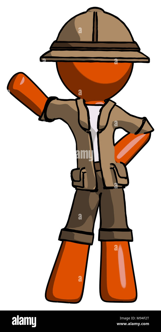 Orange explorer ranger man waving right arm with hand on hip Stock ...
