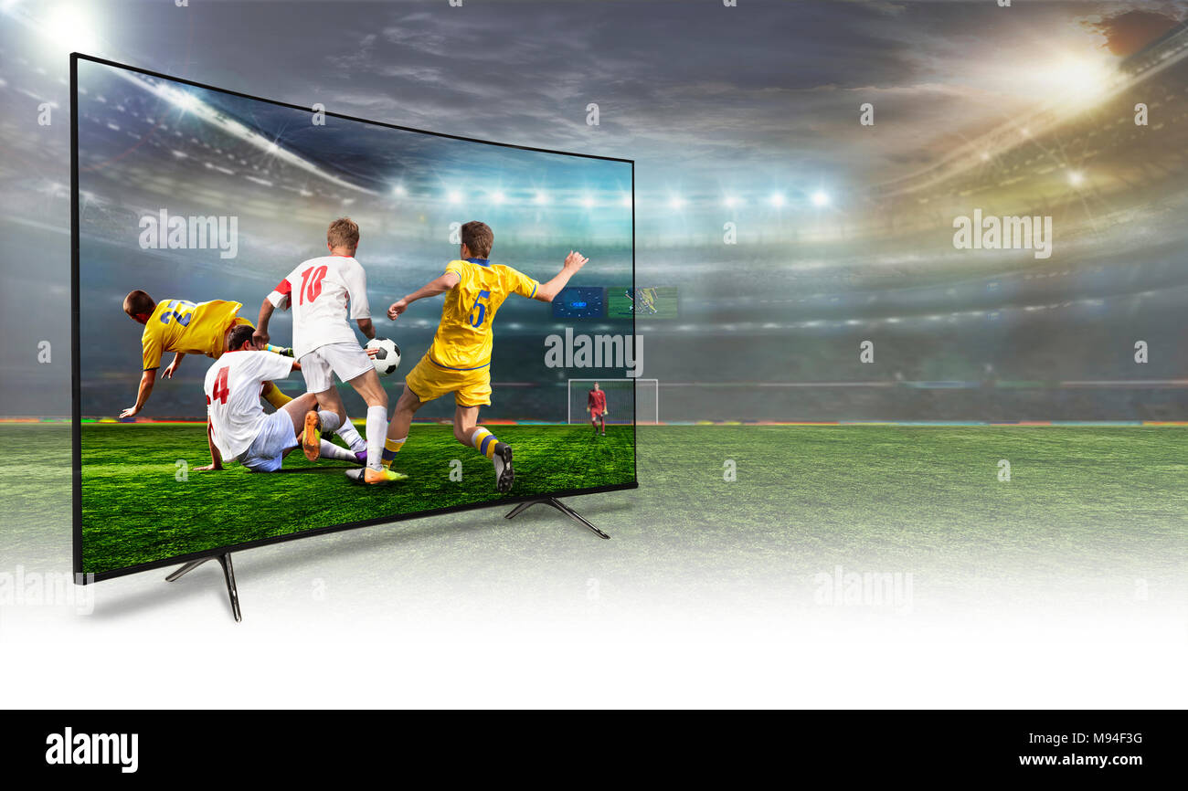 4k monitor watching smart tv translation of football game. Concept ...