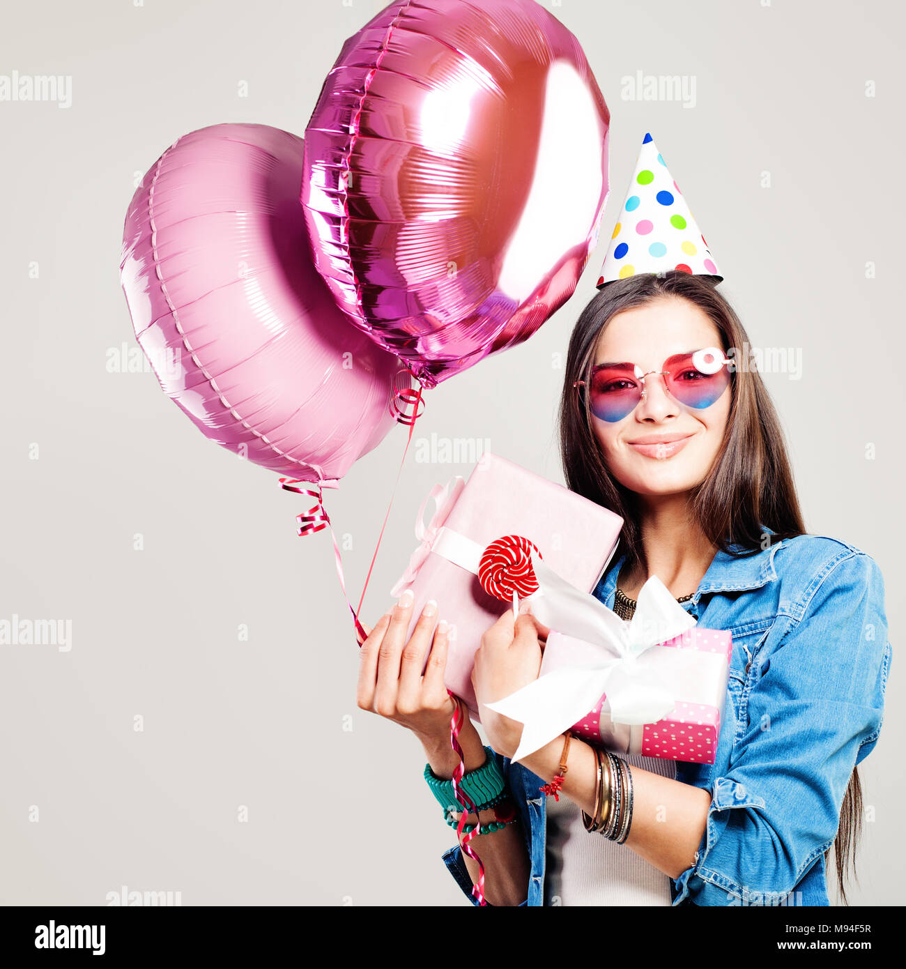 Happy Fashion Model Woman with Holiday Balloons and Birthday Gift Stock ...