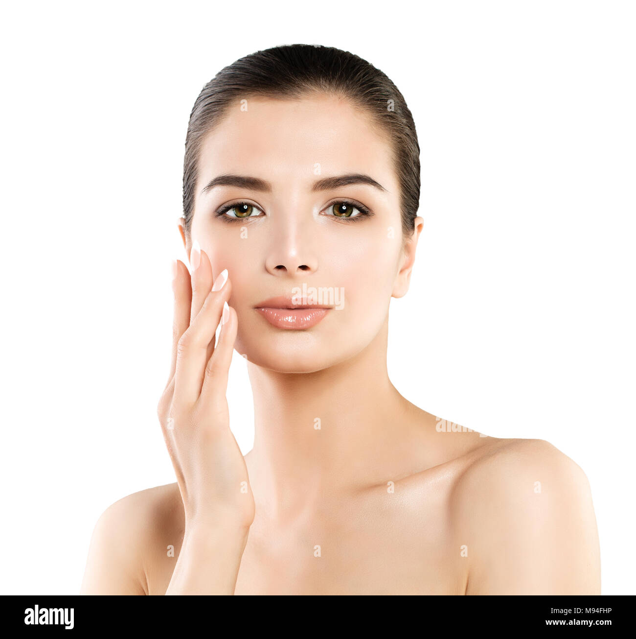 Cute Spa Model Woman with Healthy Skin Touching her Hand her Face. Spa ...