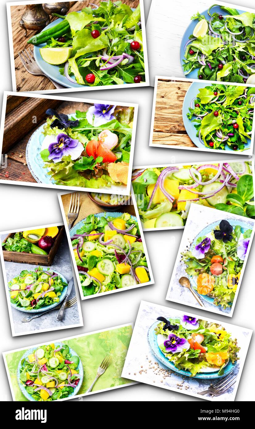 Collage with vegan salad of vegetables, herbs and mango.Diet food Stock ...