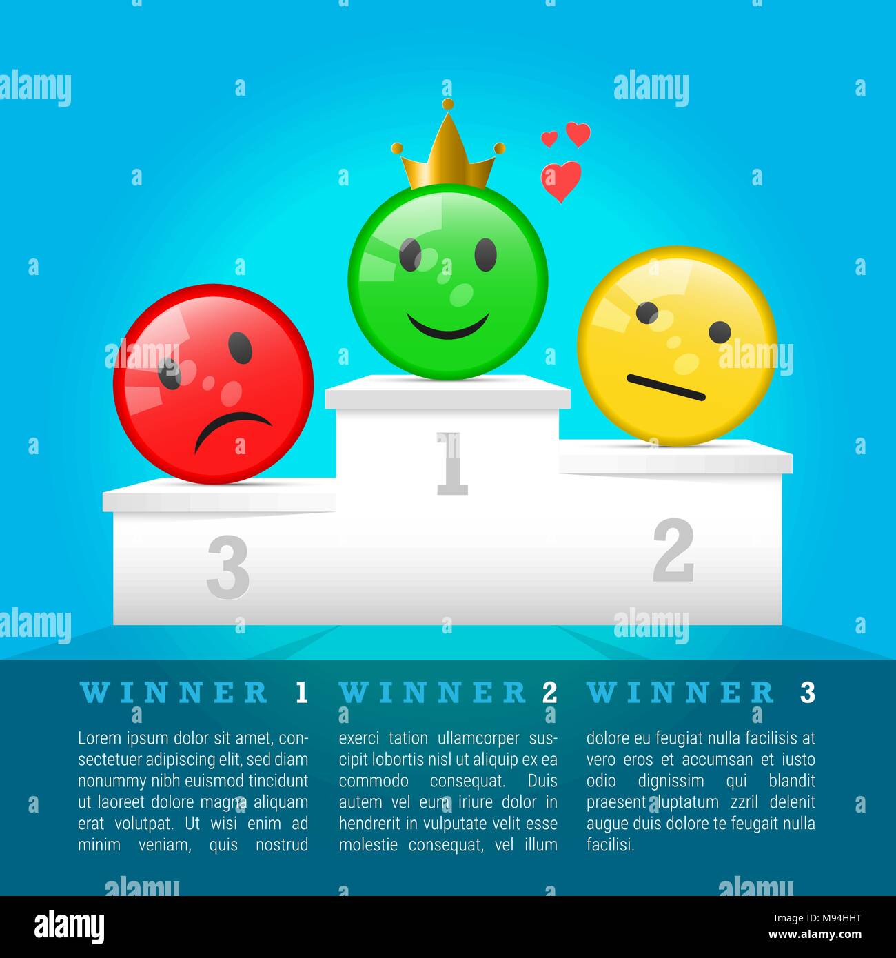 Sad, Neutral and Smiling Face Icons on 3D Prize Podium. Winners Award ...