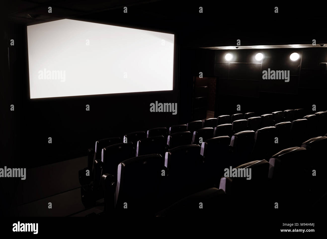 cinema white screen with seats. Empty cinema without people. A large ...