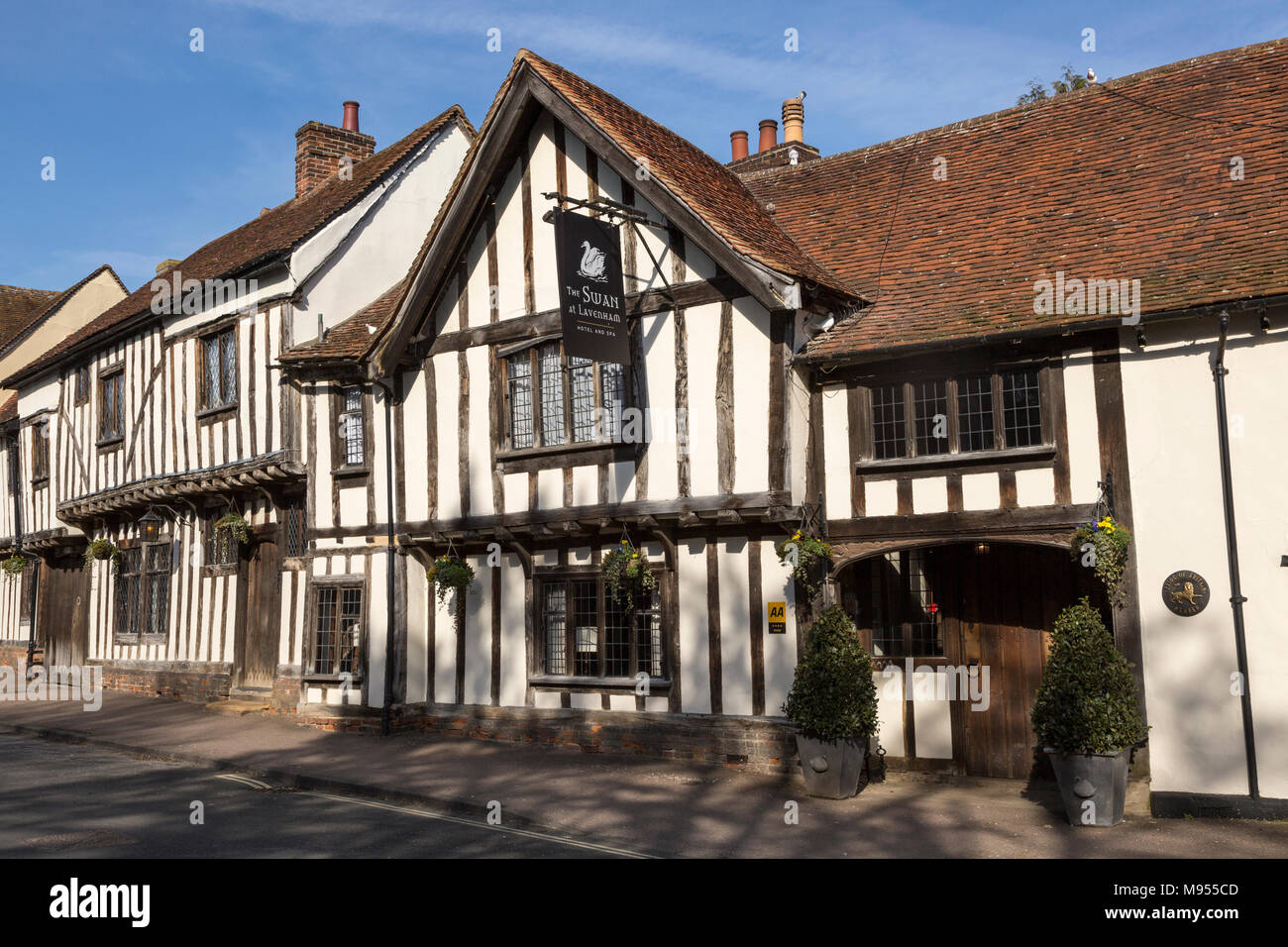 Historic Tudor architecture of the Swan Hotel, Lavenham, Suffolk ...
