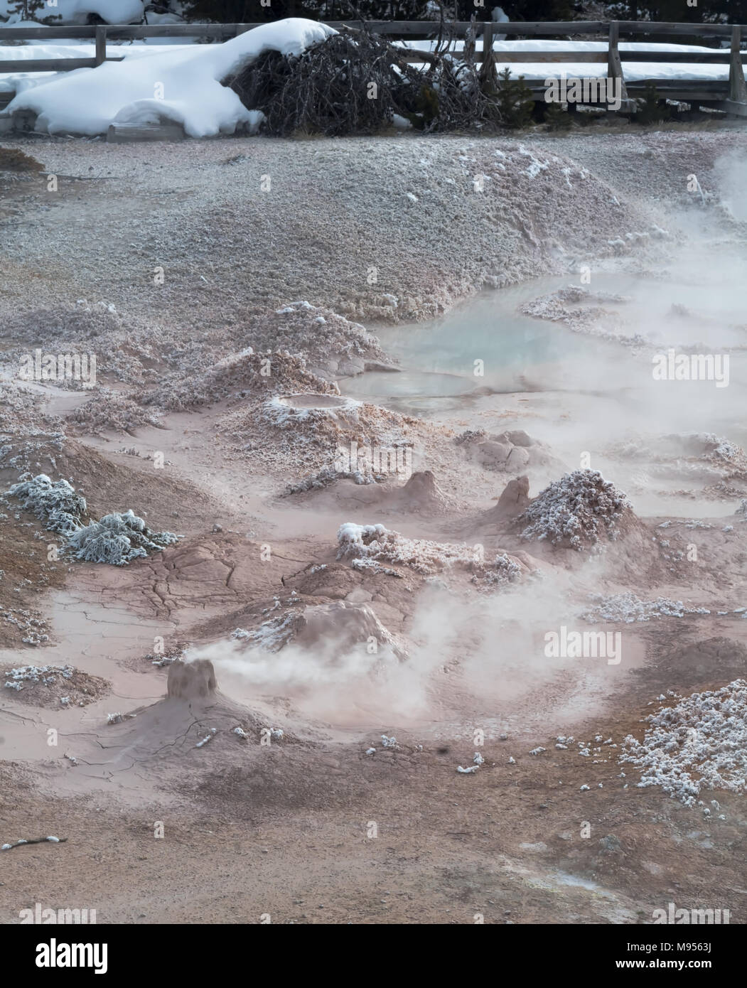Warm steam interacts with frigid air at the Mud geyser in Yellowstone ...