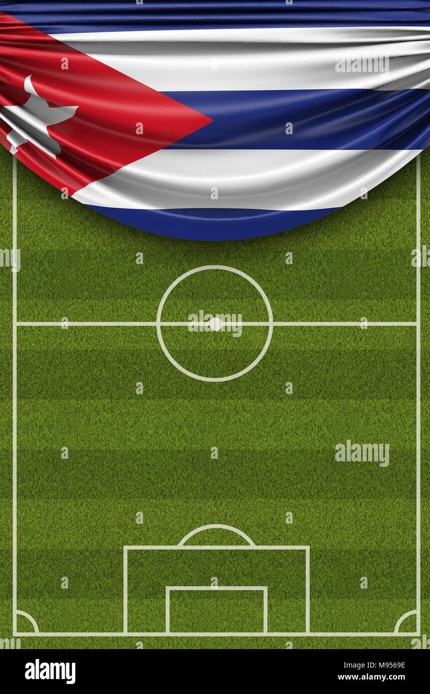 Cuba country flag draped over a football soccer pitch. 3D Rendering ...