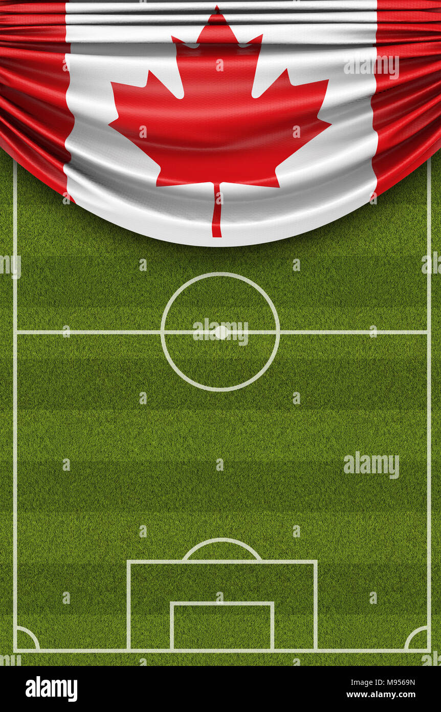 Canada country flag draped over a football soccer pitch. 3D Rendering ...