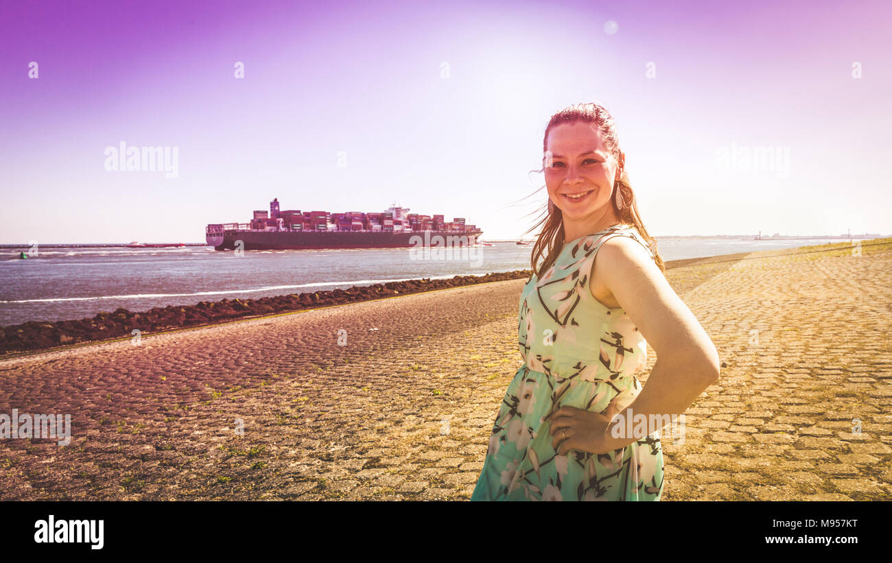 Girl at artificial build peninsula Maasvlaktestrand built for the ...