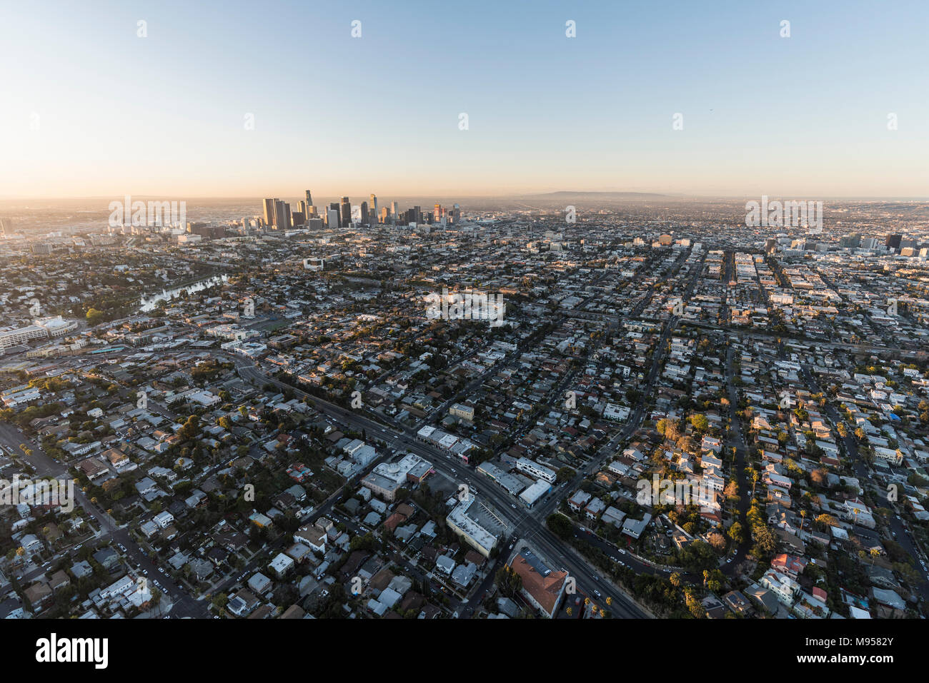 Dawn aerial view of Echo Park and downtown Los Angeles in Southern ...