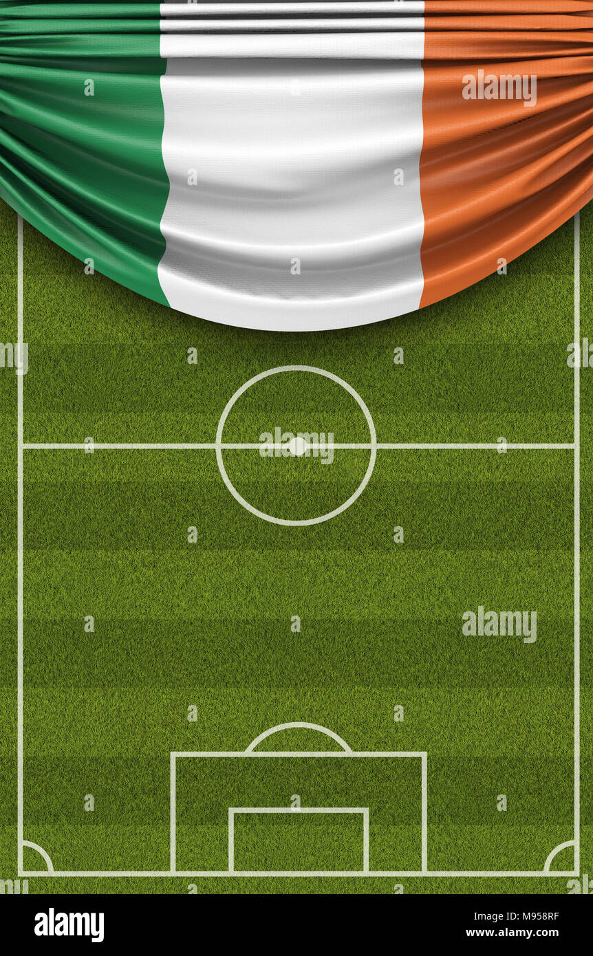 Ireland country flag draped over a football soccer pitch. 3D Rendering ...