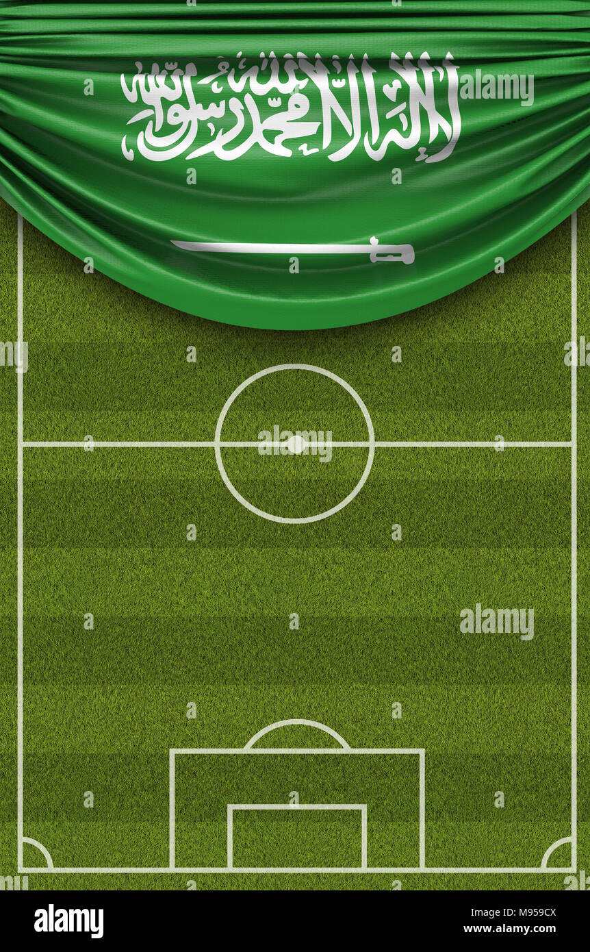 Saudi Arabia country flag draped over a football soccer pitch. 3D ...