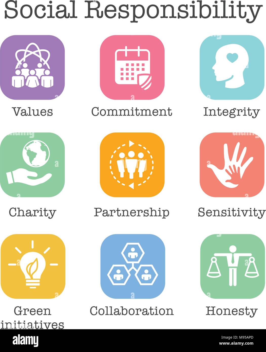 Social Responsibility Solid Icon Set with Honesty, integrity ... Social Responsibility Solid Icon Set with Honesty, integrity ...
