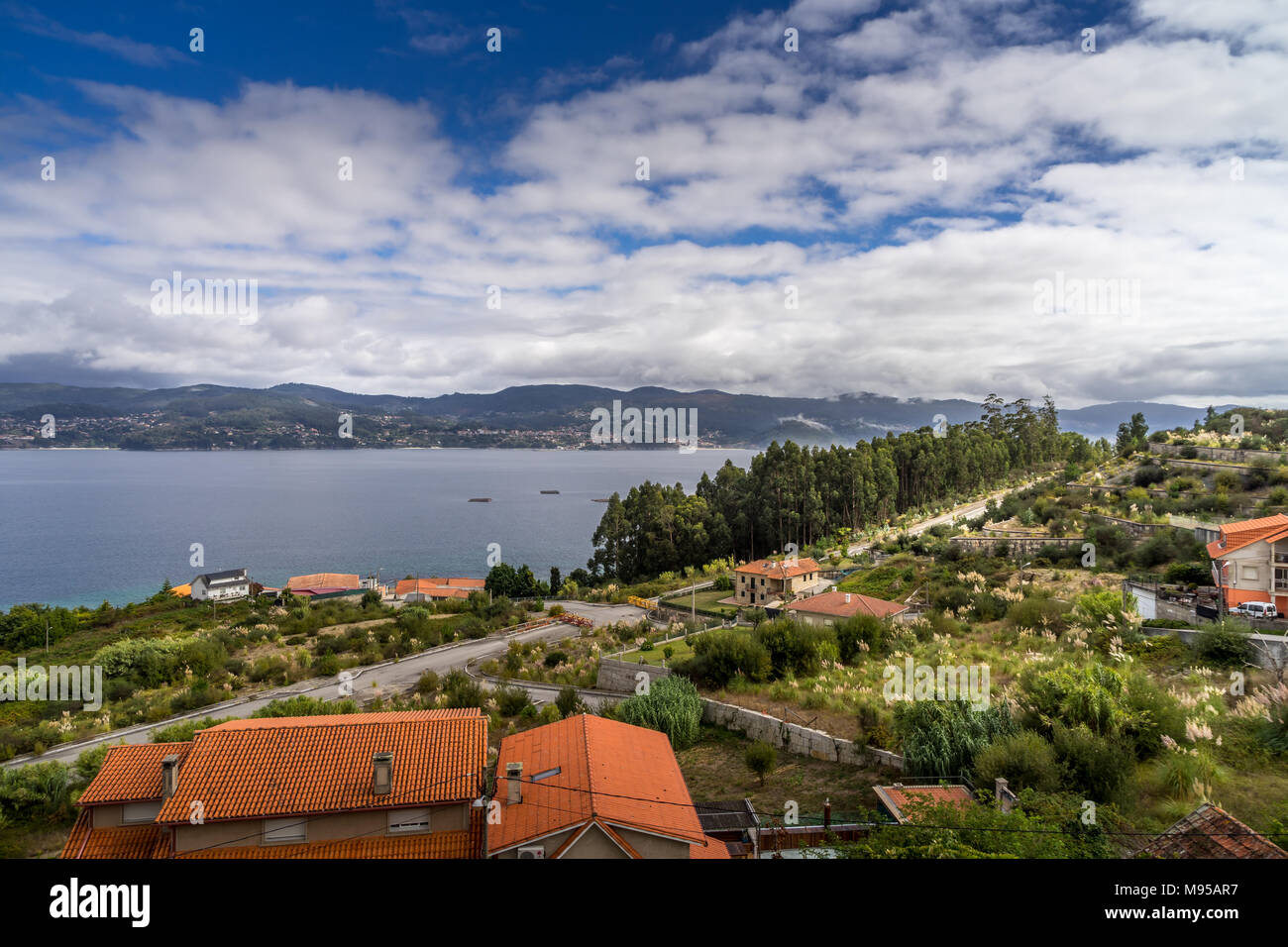 Hilltop view of the town of Cangas in the Bay of Vigo, Galicia, Spain ...