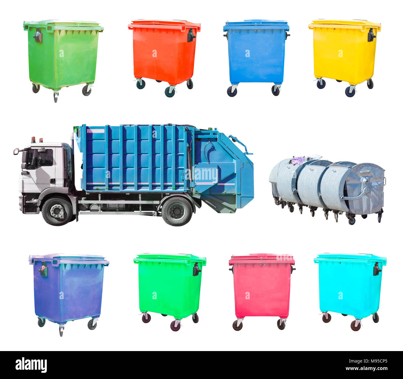 garbage truck with recycle bin set isolated on white Stock Photo - Alamy