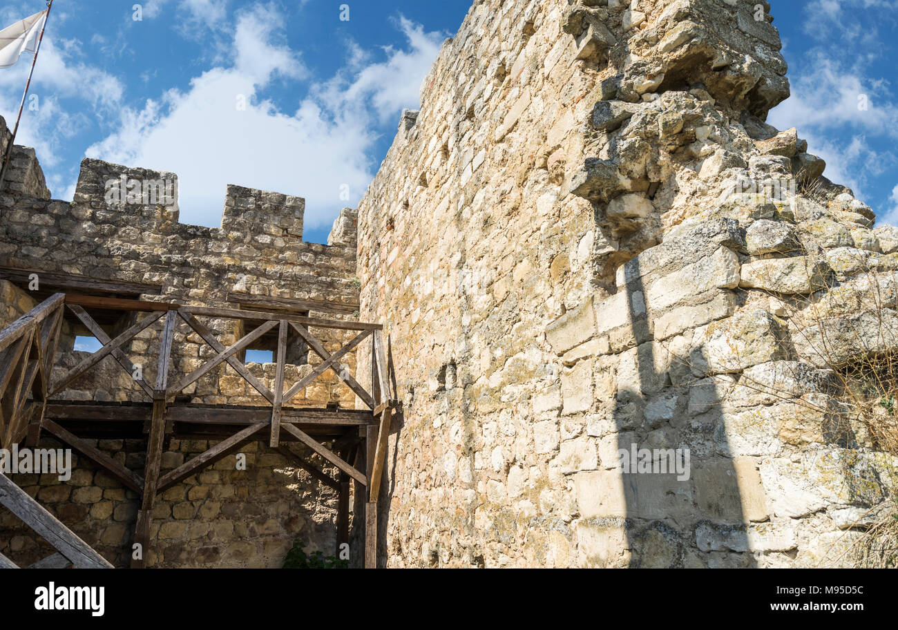 stone fortress tower in medieval Cherven, Bulgaria – view from incide ...