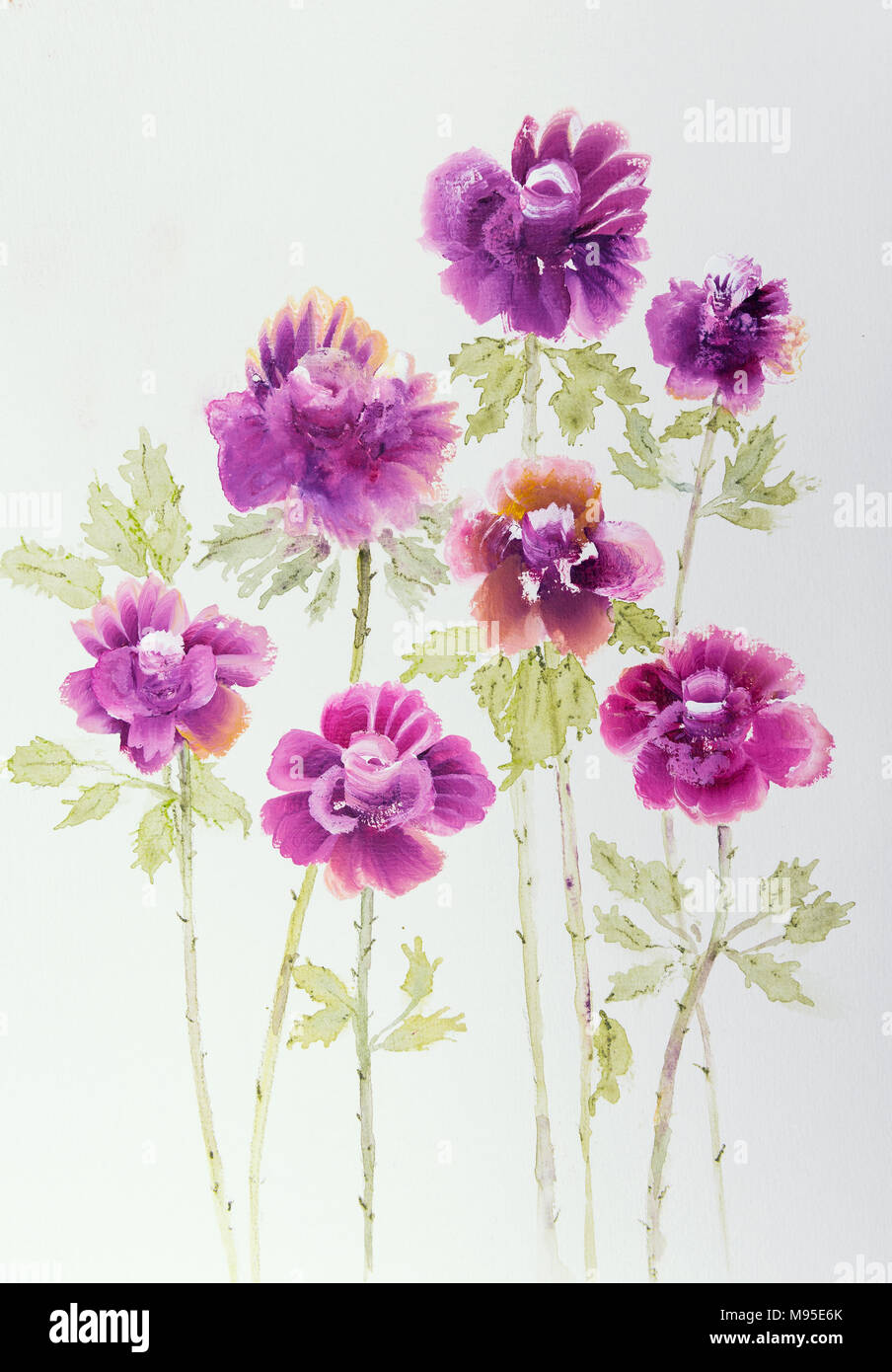 Seven roses on a white background. The dabbing technique near the edges ...