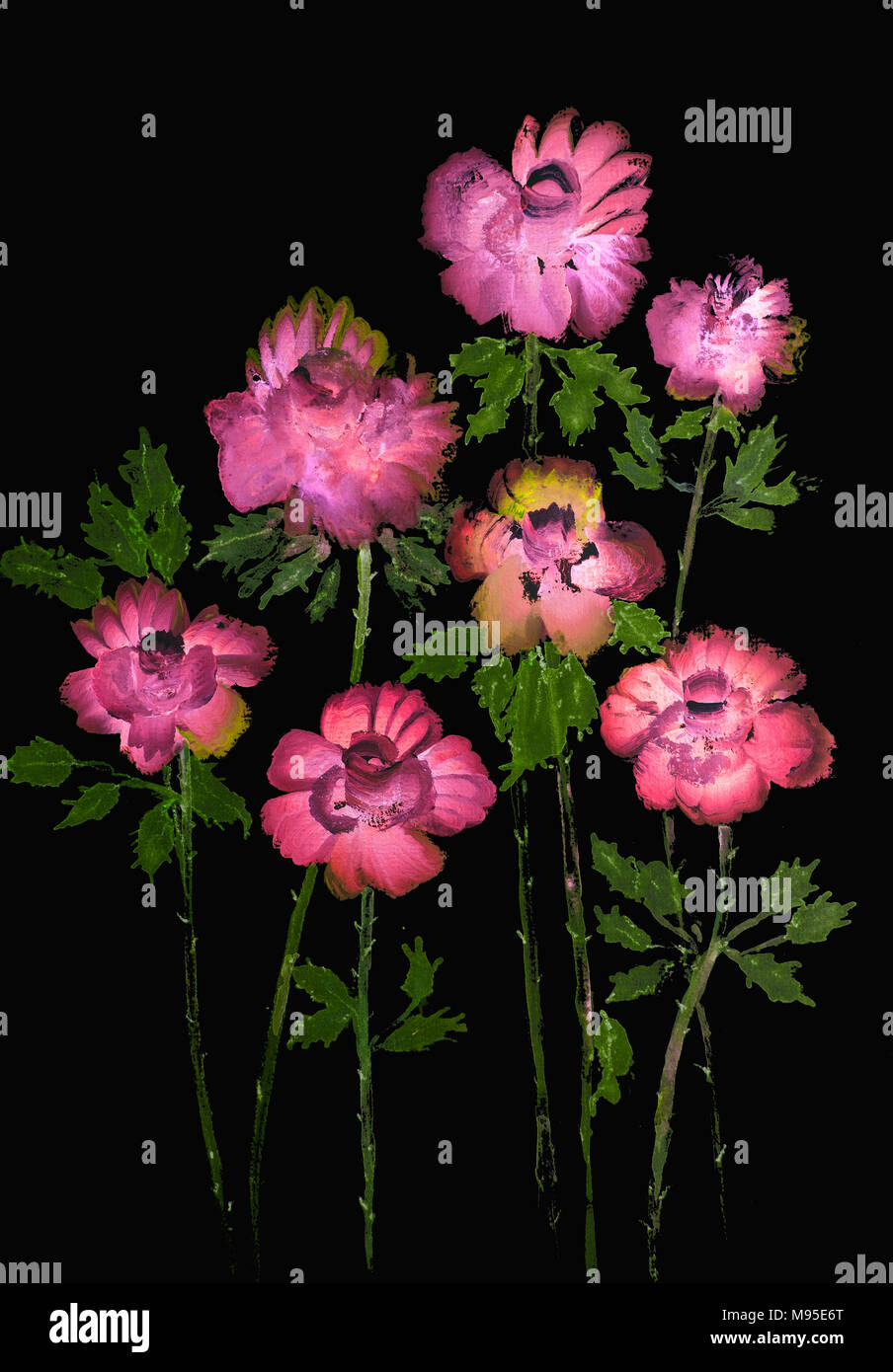 Seven roses on a black background. The dabbing technique near the edges ...