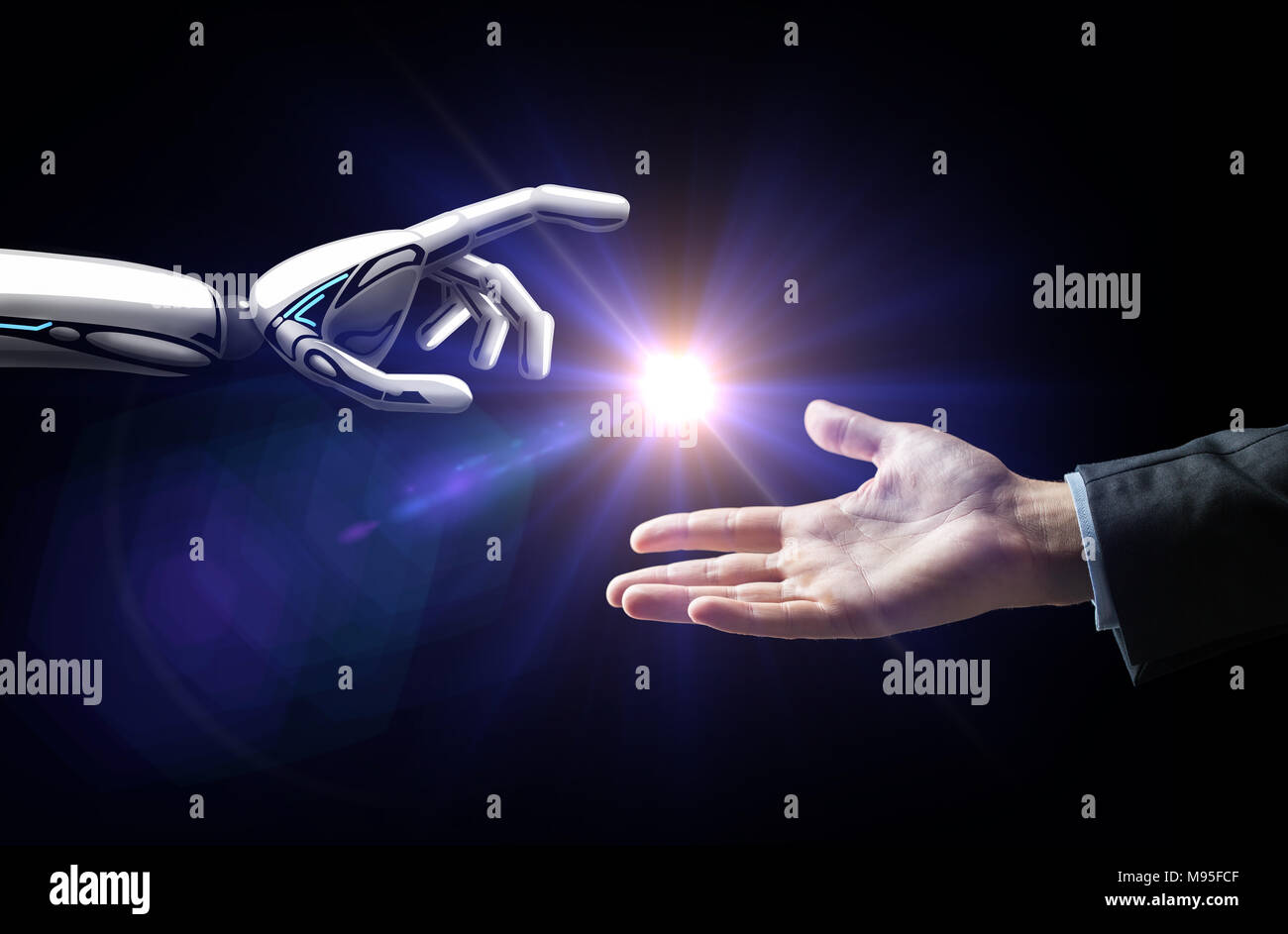 robot and human hand flash light over black Stock Photo - Alamy