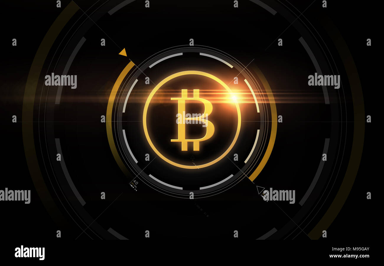 gold bitcoin projection over black background Stock Photo - Alamy