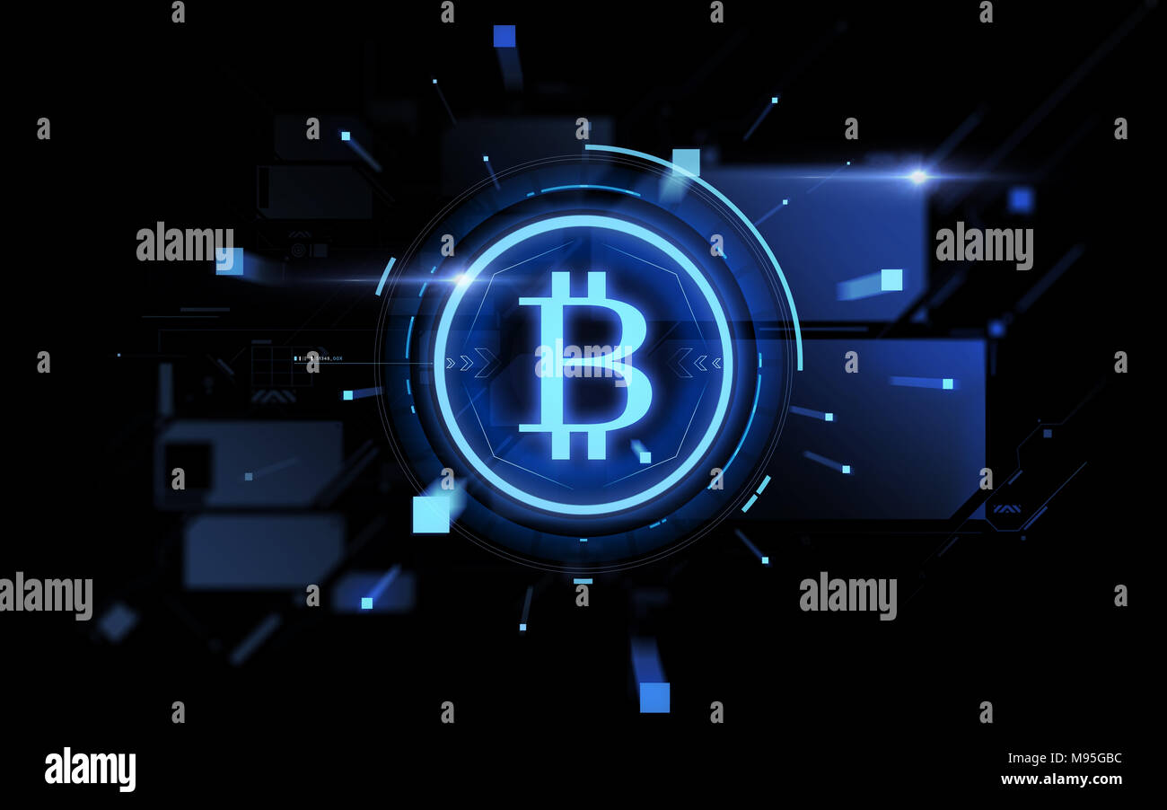 blue bitcoin projection over black background Stock Photo - Alamy