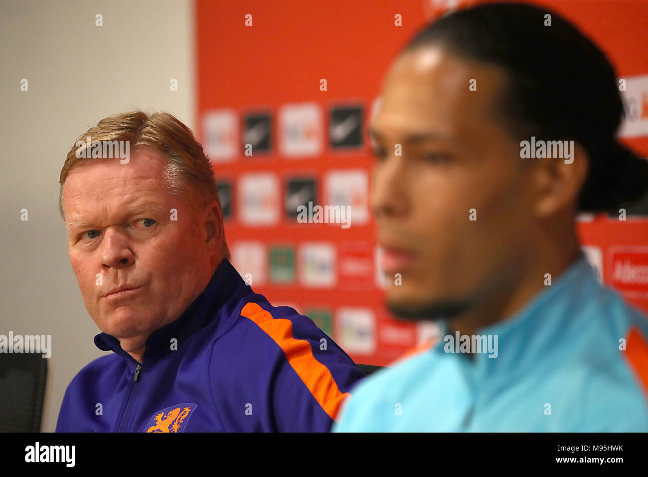 Netherlands Manager Ronald Koeman (left) and Virgil van Dijk speak ...