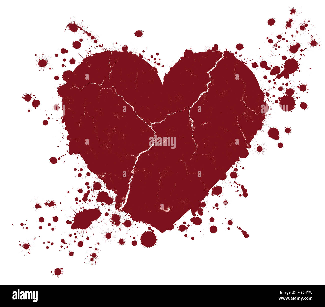 Red grunge heart shape with drops of paint blobs splattered around ...