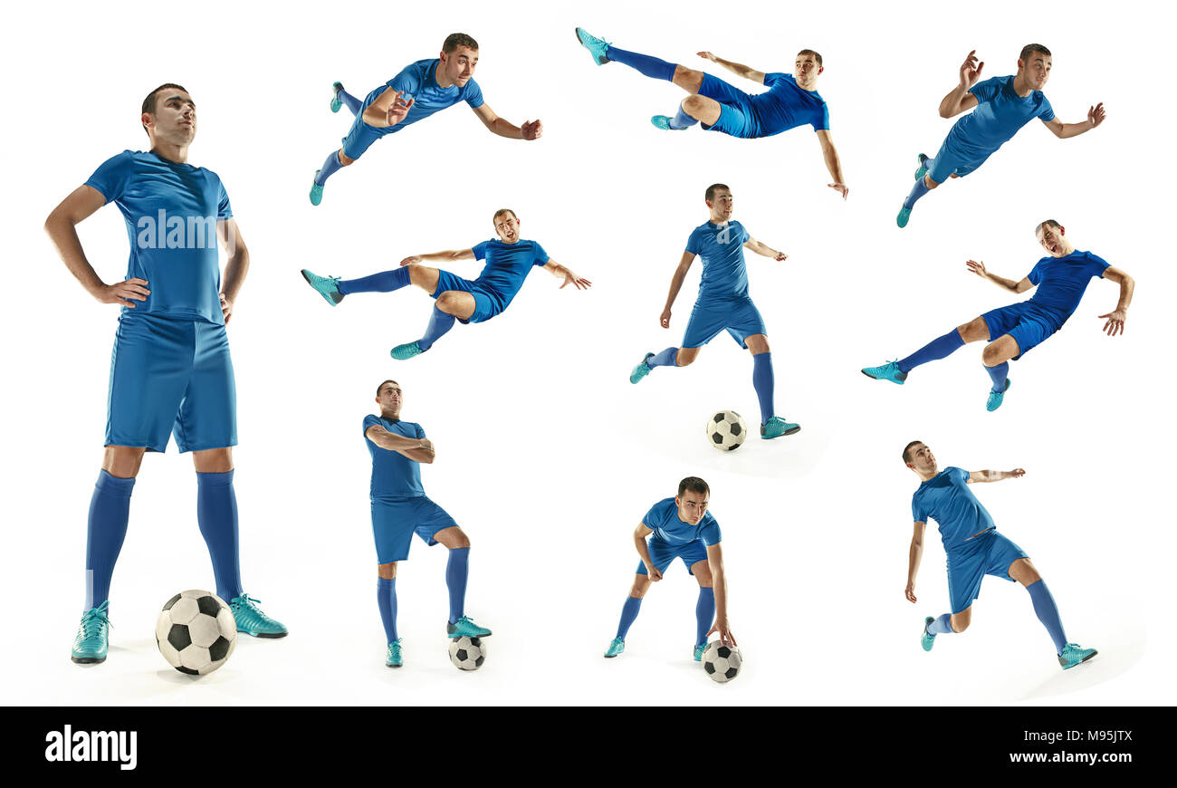 Professional football soccer player with ball isolated white background ...