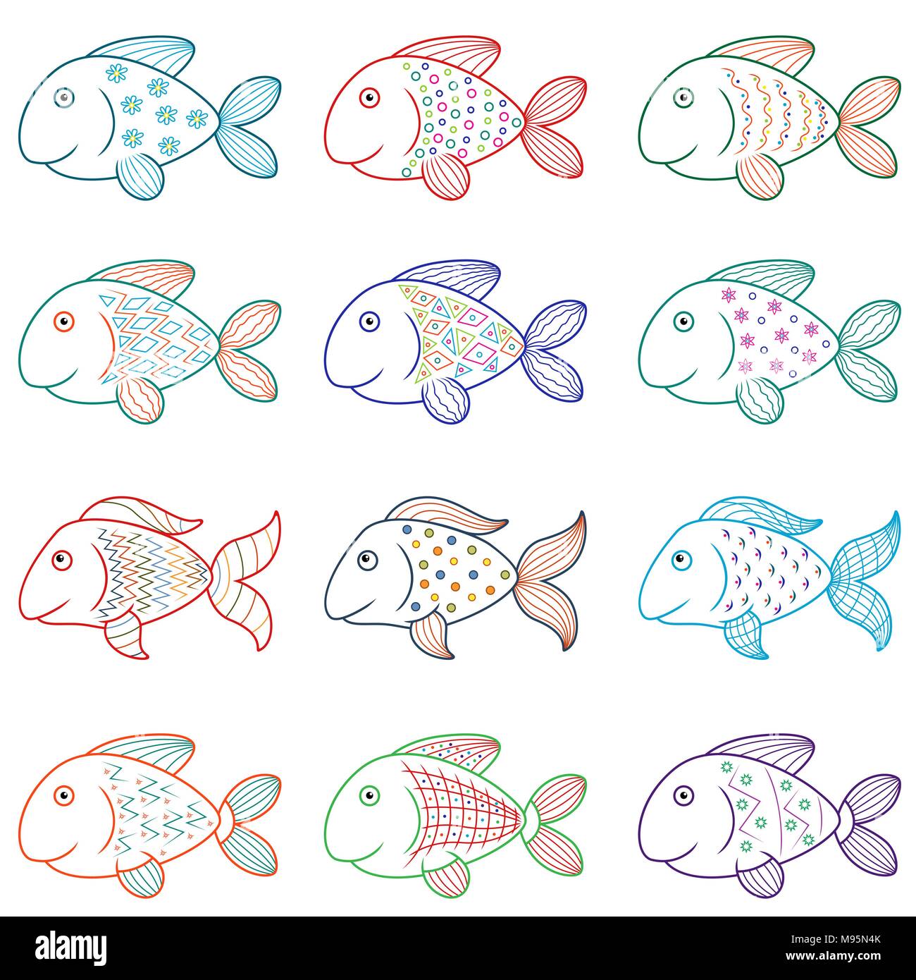 Set of twelve amusing cartoon fishes with various decorative design ...