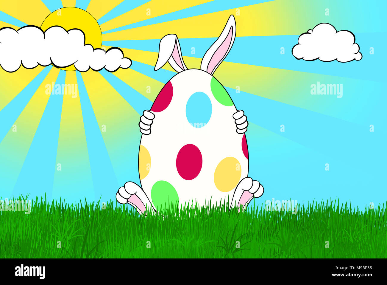 Bunny holding Easter egg decorated with colorful dots in grass field ...