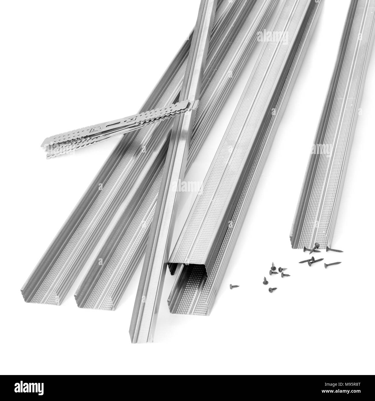 Components for installation of gypsum panels on the white background ...