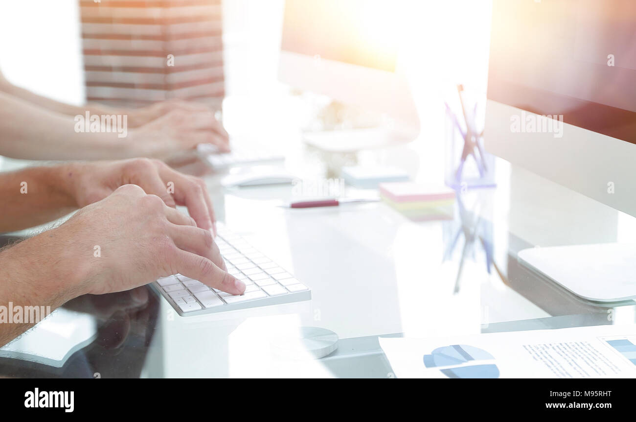 close-up of a workplace with a computer in a modern office Stock Photo ...
